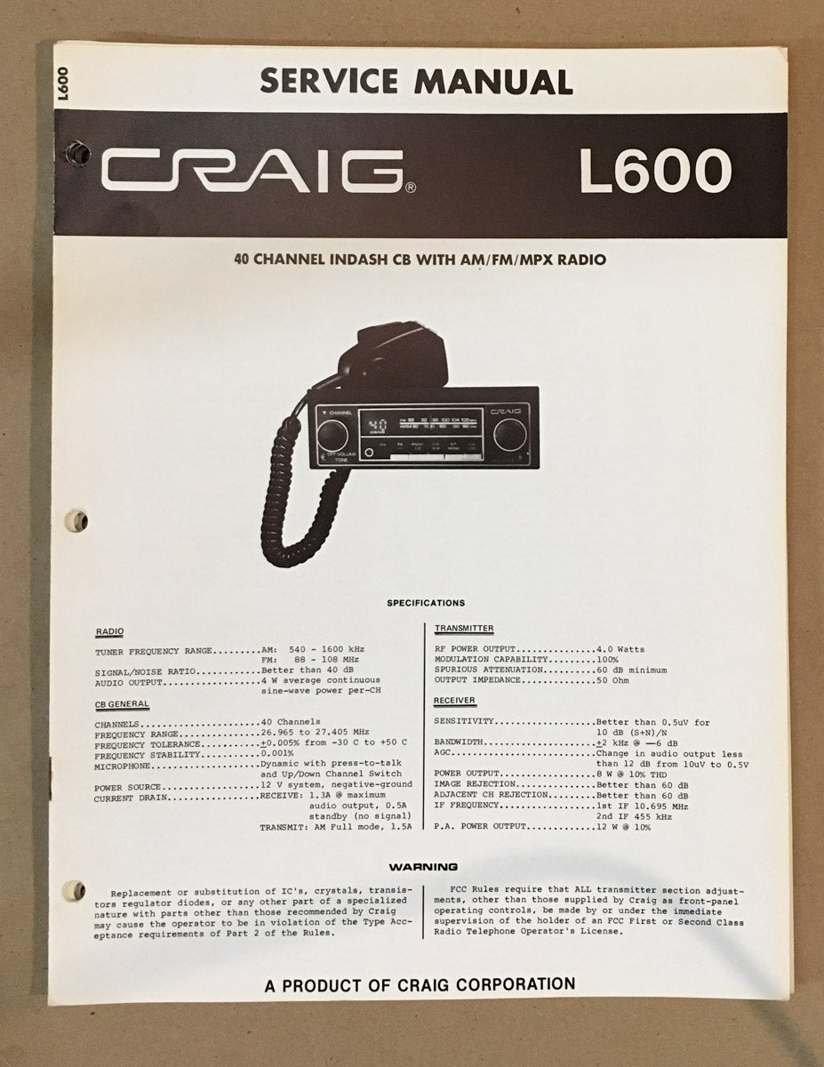 Craig Model L600 CB Transceiver Service Manual *Original* – Vintage ...