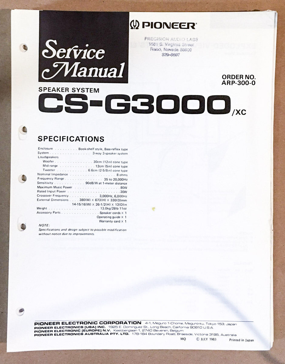 Pioneer CS-G3000 SPEAKER Service Manual *Original* – Vintage Audio ...