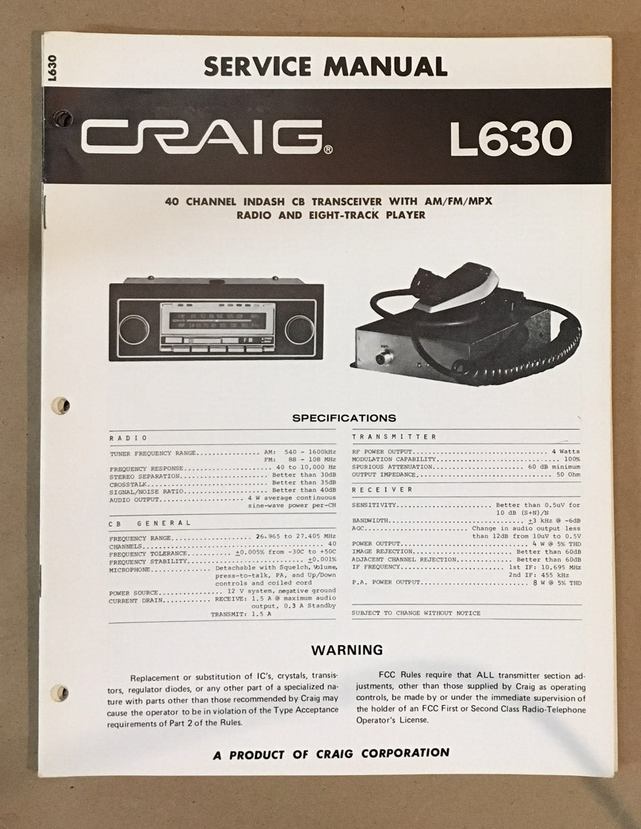 Craig Model L630 CB Transceiver Service Manual *Original* – Vintage ...