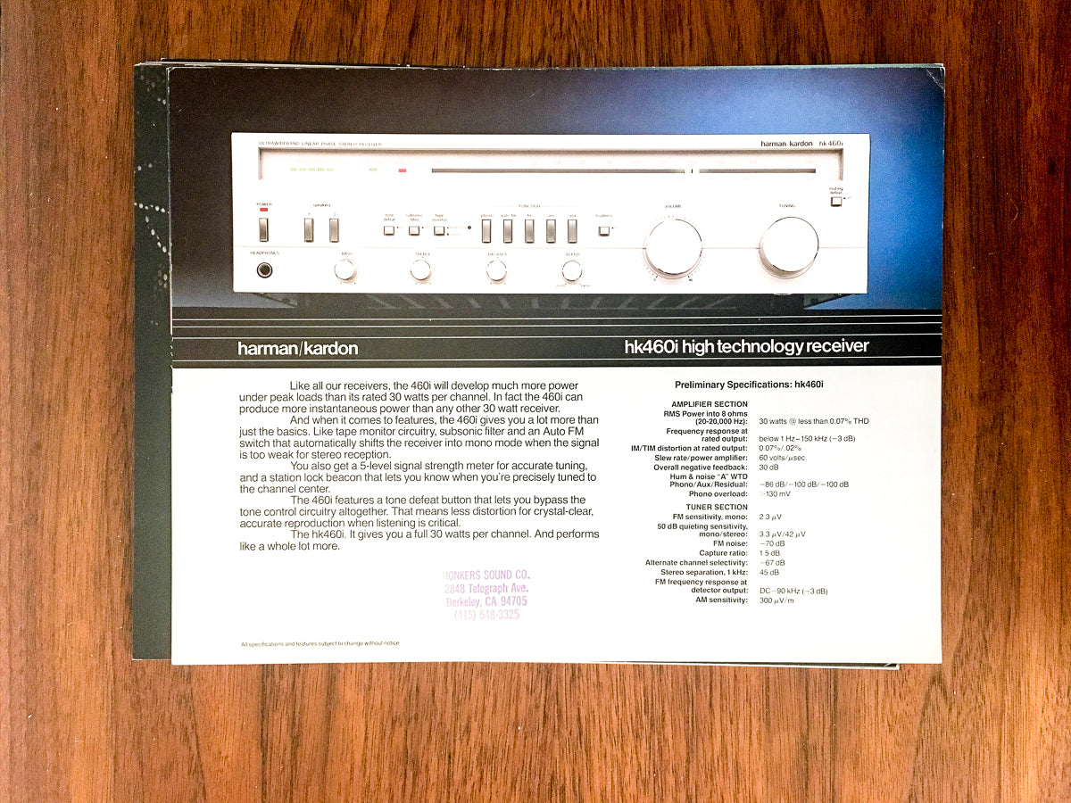 Harman Kardon HK460i / HK 460i Receiver Dealer Sales Sheet / Specs *Or ...