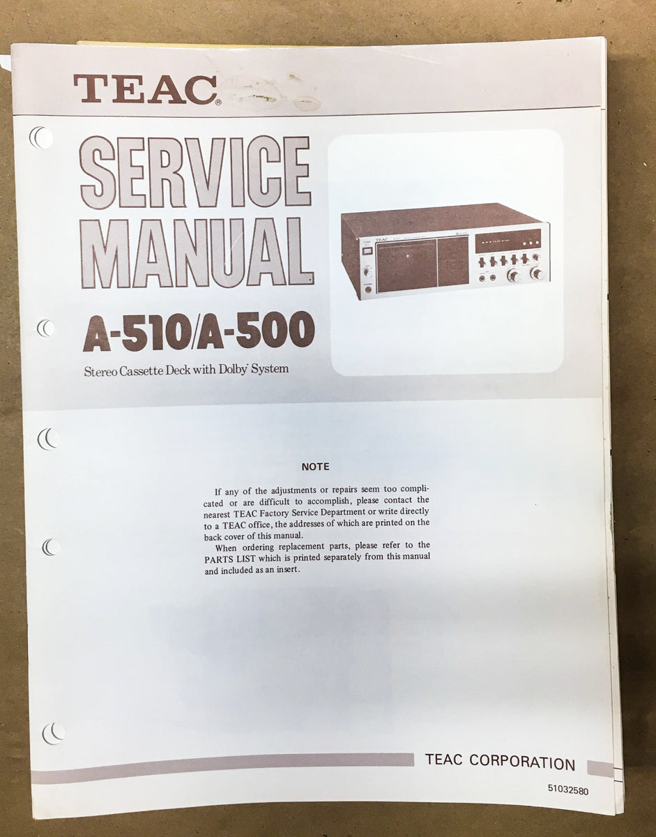 TEAC A-510 A-500 Cassette Deck Service Manual *Original* – Vintage Audio Store - Vintage Service ...