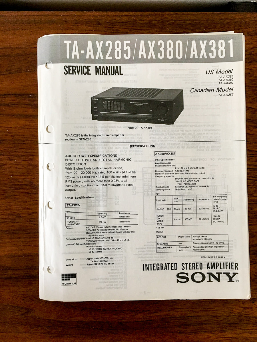 Sony TA-AX285 TA-AX380 TA-AX381 Amplifier Service Manual *Original* #1 ...