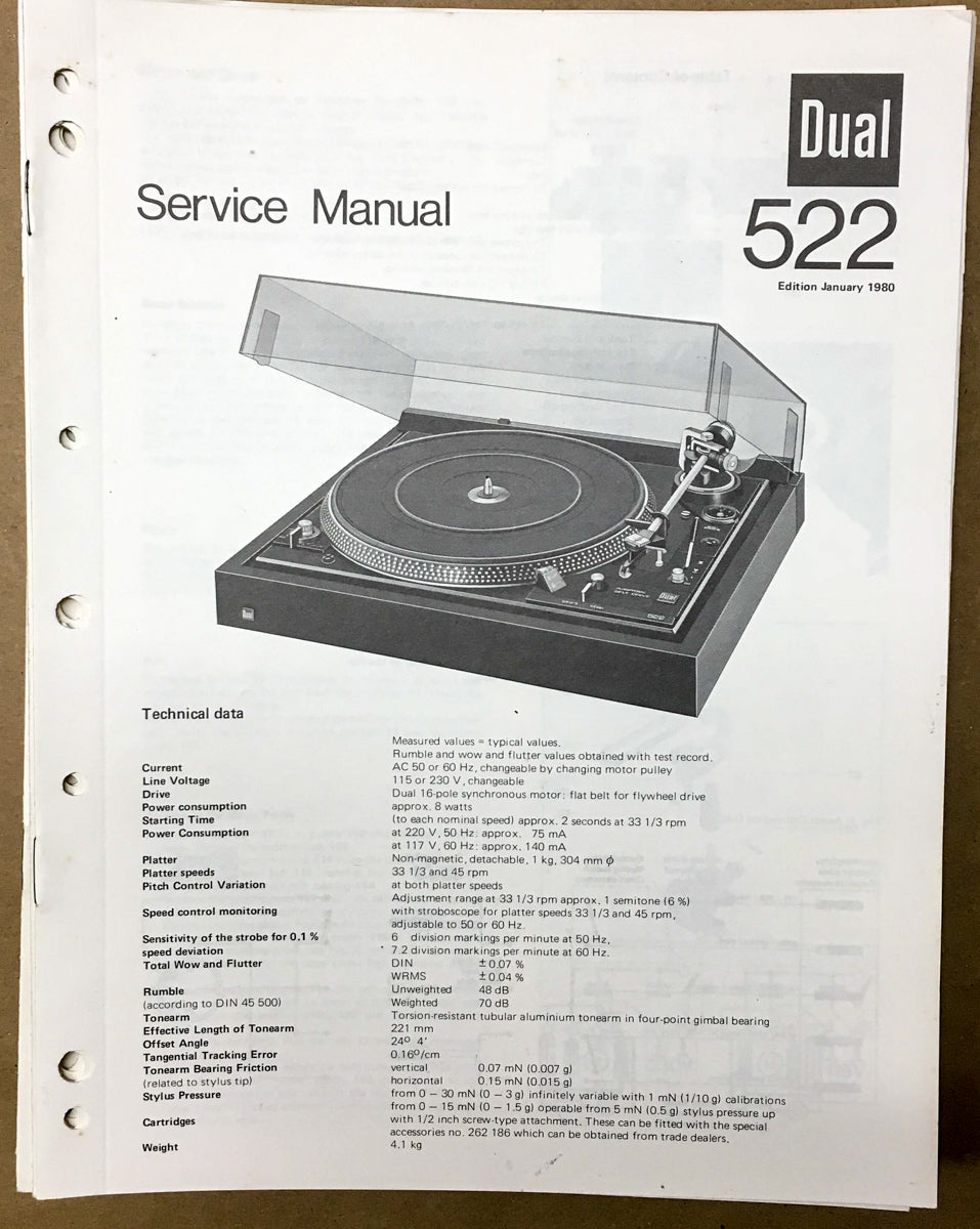 Dual Model 522 Turntable / Record Player Service Manual *Original ...