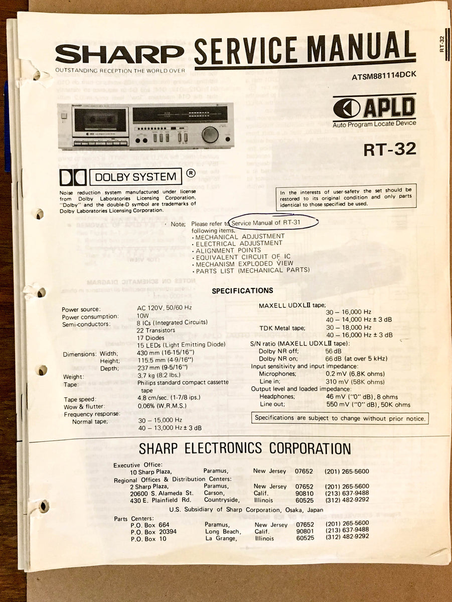 Sharp RT-32 Cassette Deck Service Manual *Original* – Vintage Audio ...