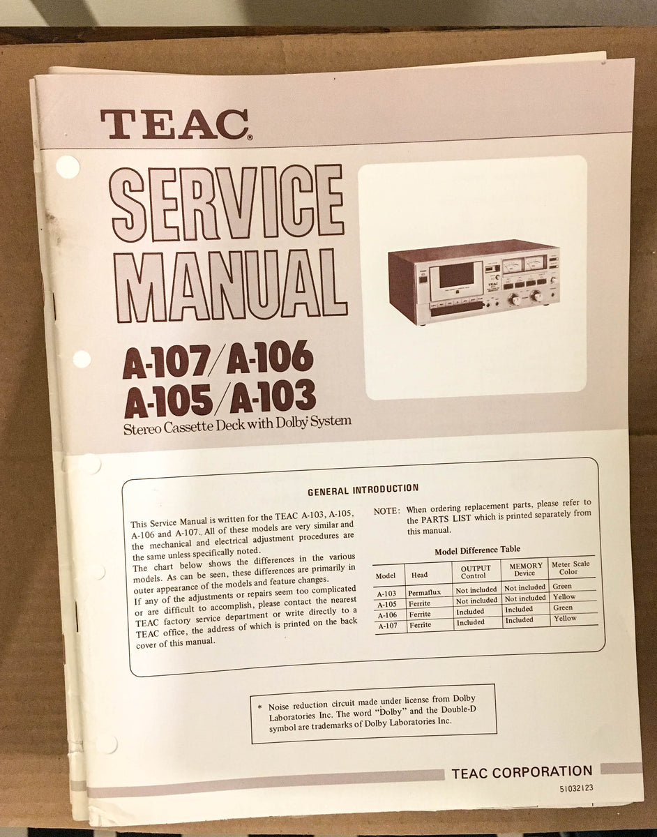 Teac A-107 A-106 A-105 A-103 Tape Deck Service Manual *Original* #1 ...