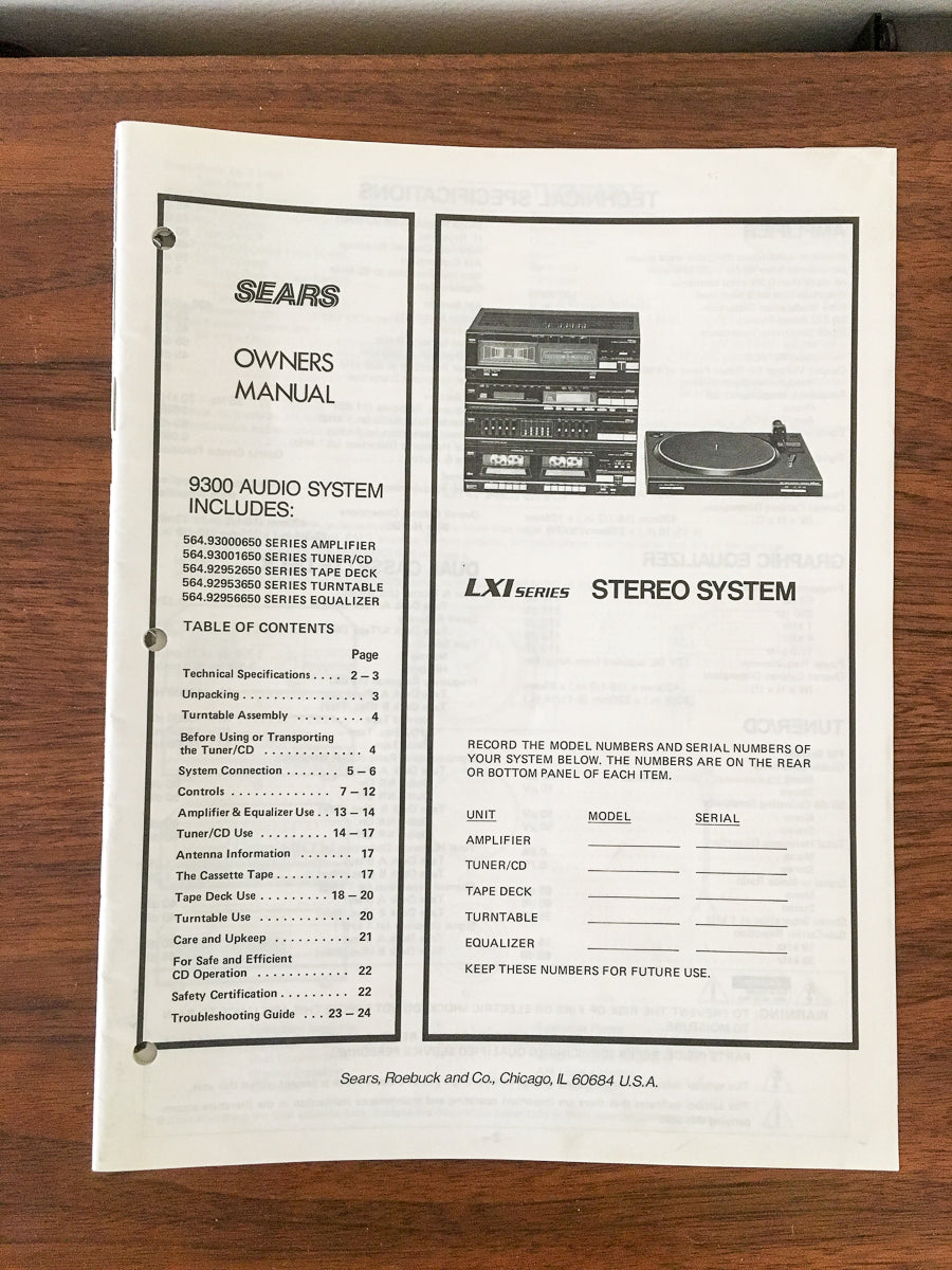 SEARS LXI 9300 Audio System Service Manual *Original* – Vintage Audio ...