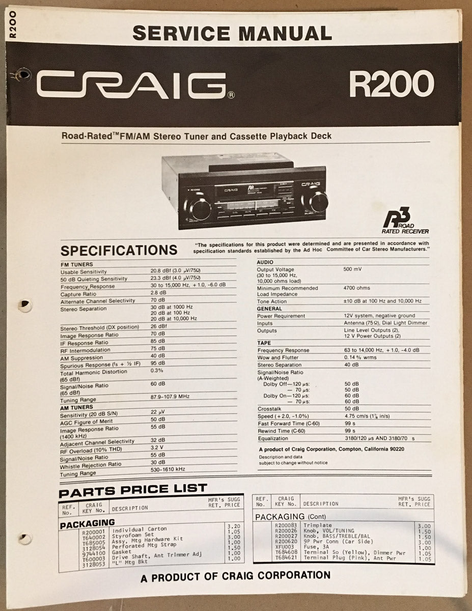 Craig Model R200 Car Radio Service Manual *Original* – Vintage Audio ...