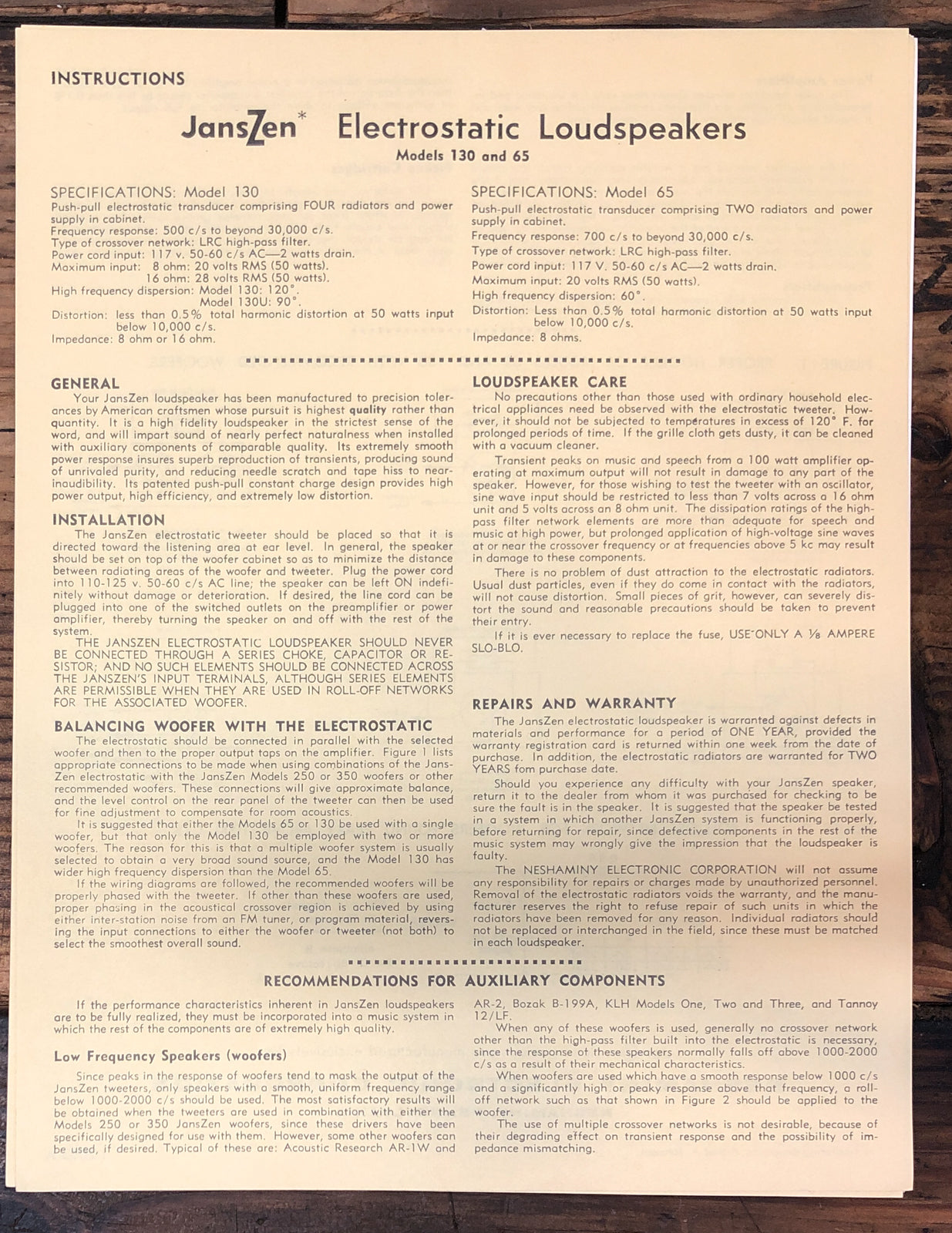 Speaker Owner / User & Specs Manual *Original* – Vintage Audio Store ...