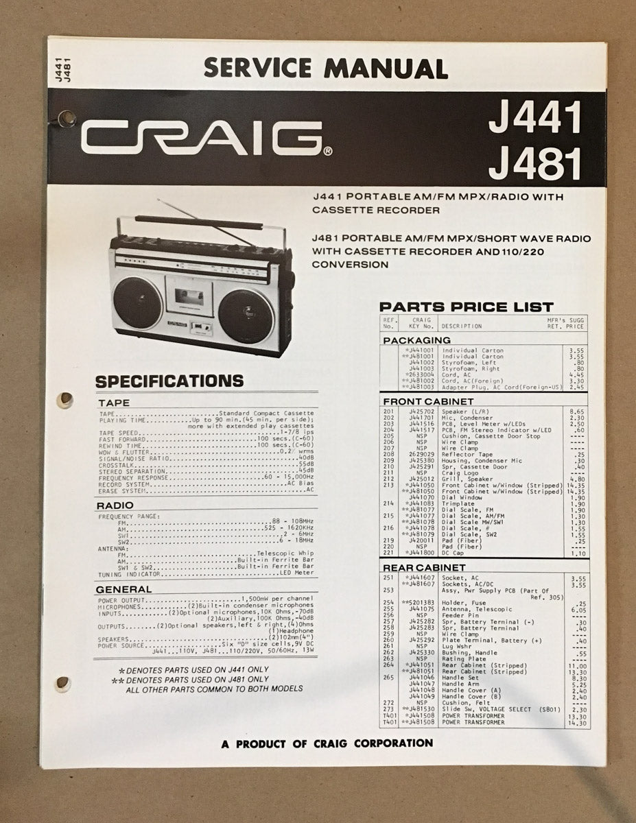 Craig Model J441 J481 Radio Cassette Service Manual *Original ...
