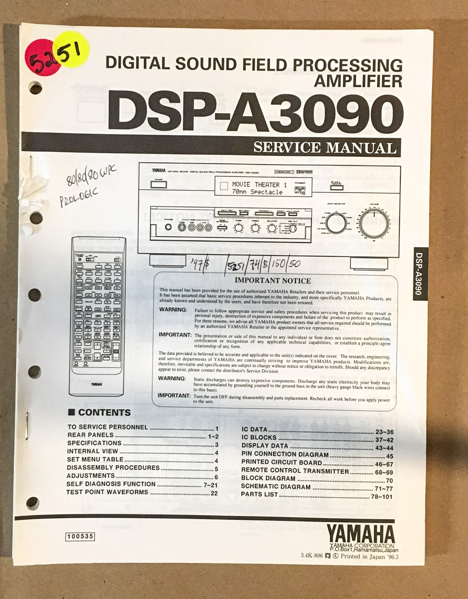 Yamaha DSP-A3090 Amplifier Service Manual *Original* – Vintage Audio ...