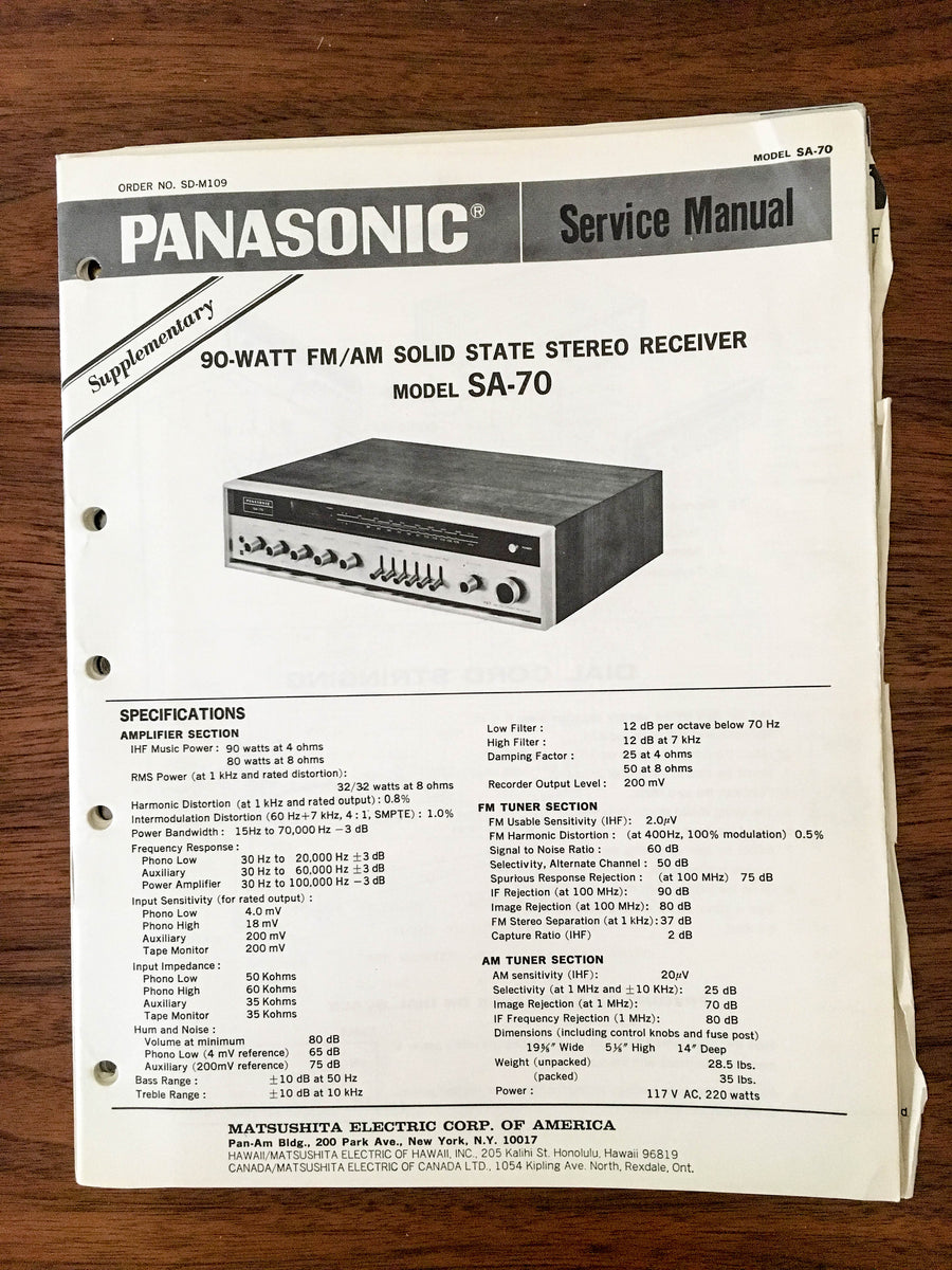 Panasonic SA-70 Receiver Supplementary Service Manual *Original ...