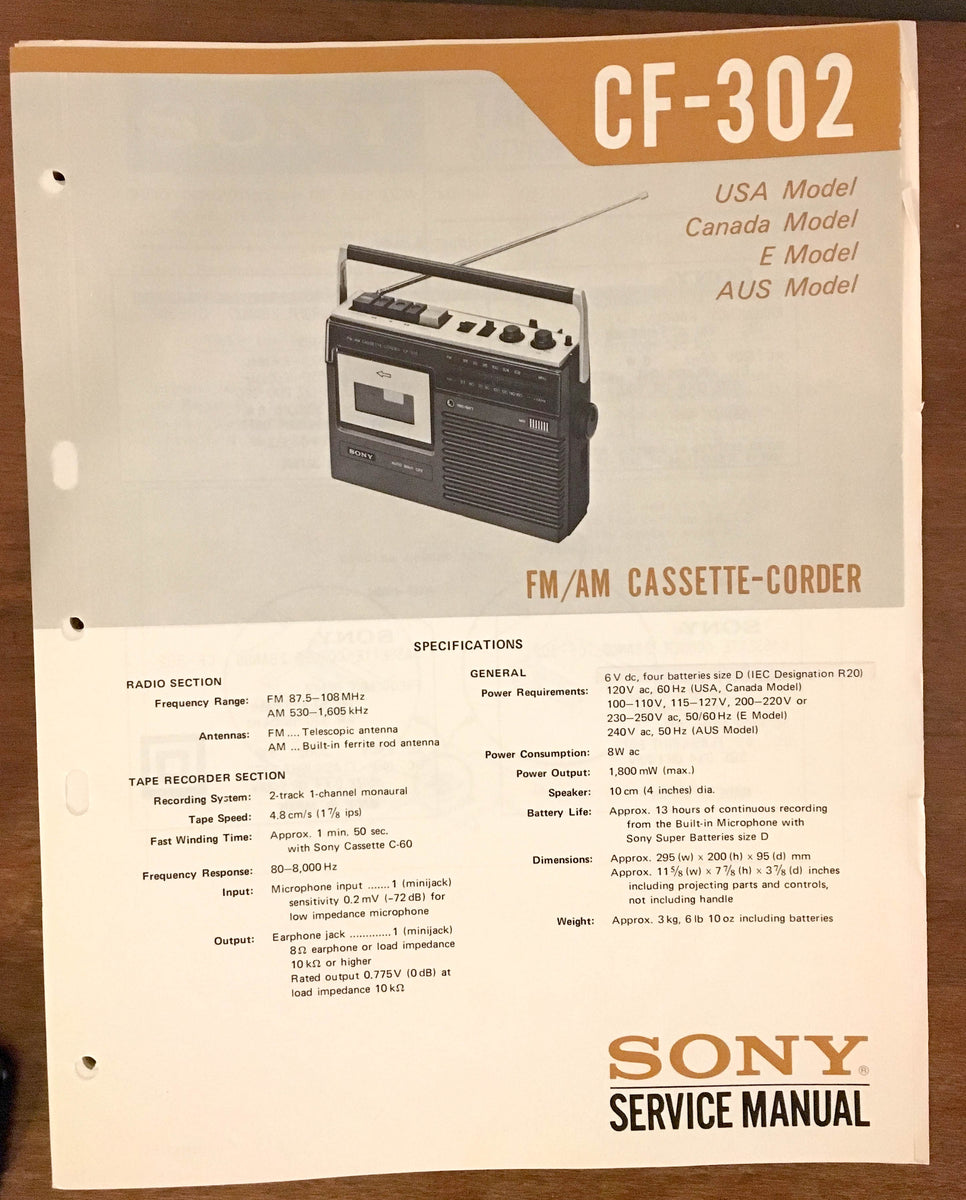 Sony CF-302 RADIO CASSETTE Service Manual *Original* – Vintage Audio ...