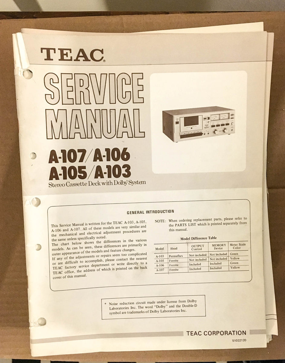 Teac A-107 A-106 A-105 A-103 Tape Deck Service Manual *Original* #2 ...