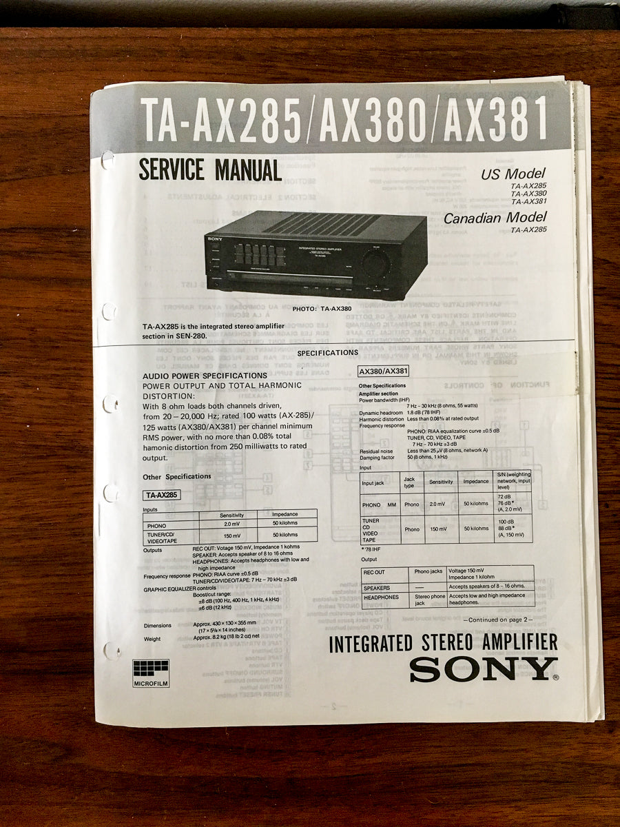 Sony TA-AX285 TA-AX380 TA-AX381 Amplifier Service Manual *Original* #2 – Vintage Audio Store ...