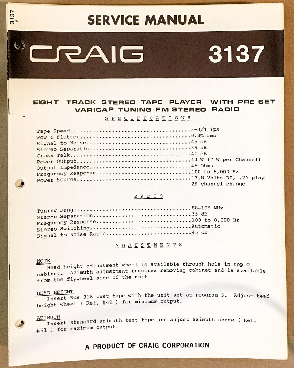 Craig Model 3137 8 Track Stereo Service Manual *Original* – Vintage ...