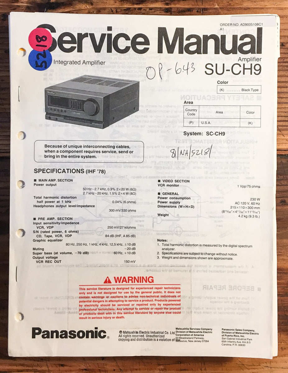 Technics SU-CH9 Amplifier Service Manual *Original* – Vintage Audio ...