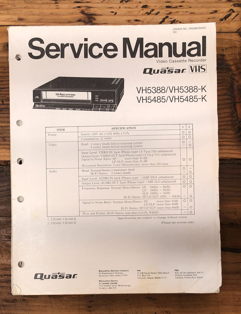 VHS Service Manual *Original* – Vintage Audio Store - Vintage Service ...