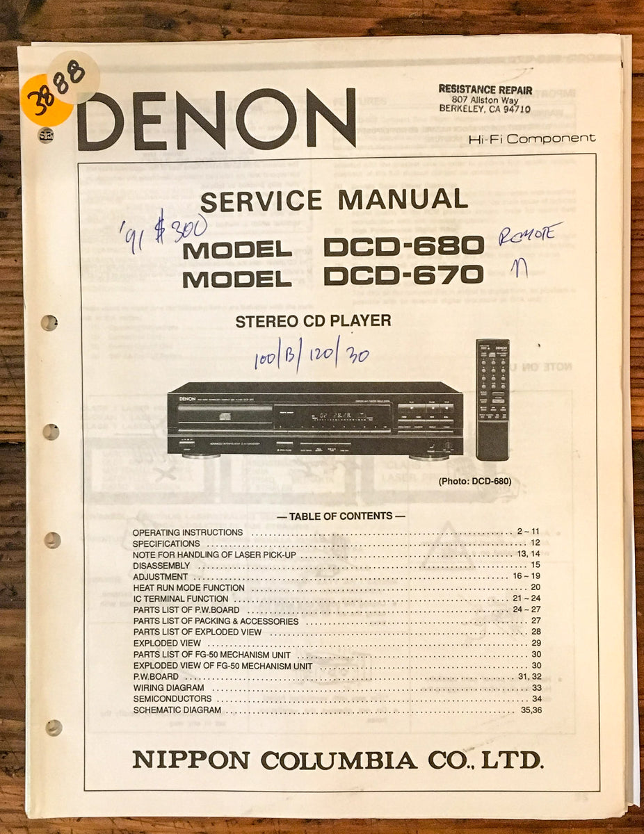 Denon DCD-670 DCD-680 CD Player Service Manual *Original* – Vintage ...