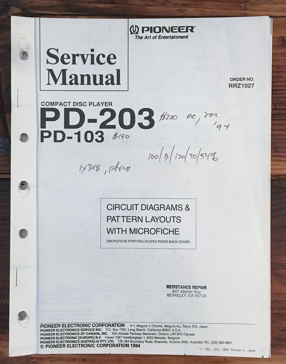 Pioneer PD-203 PD-103 CD Player 1 Service Manual *Original* – Vintage ...