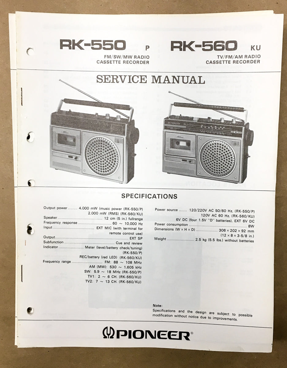 Pioneer RK-550 KR-560 Radio Cassette Service Manual *Original ...