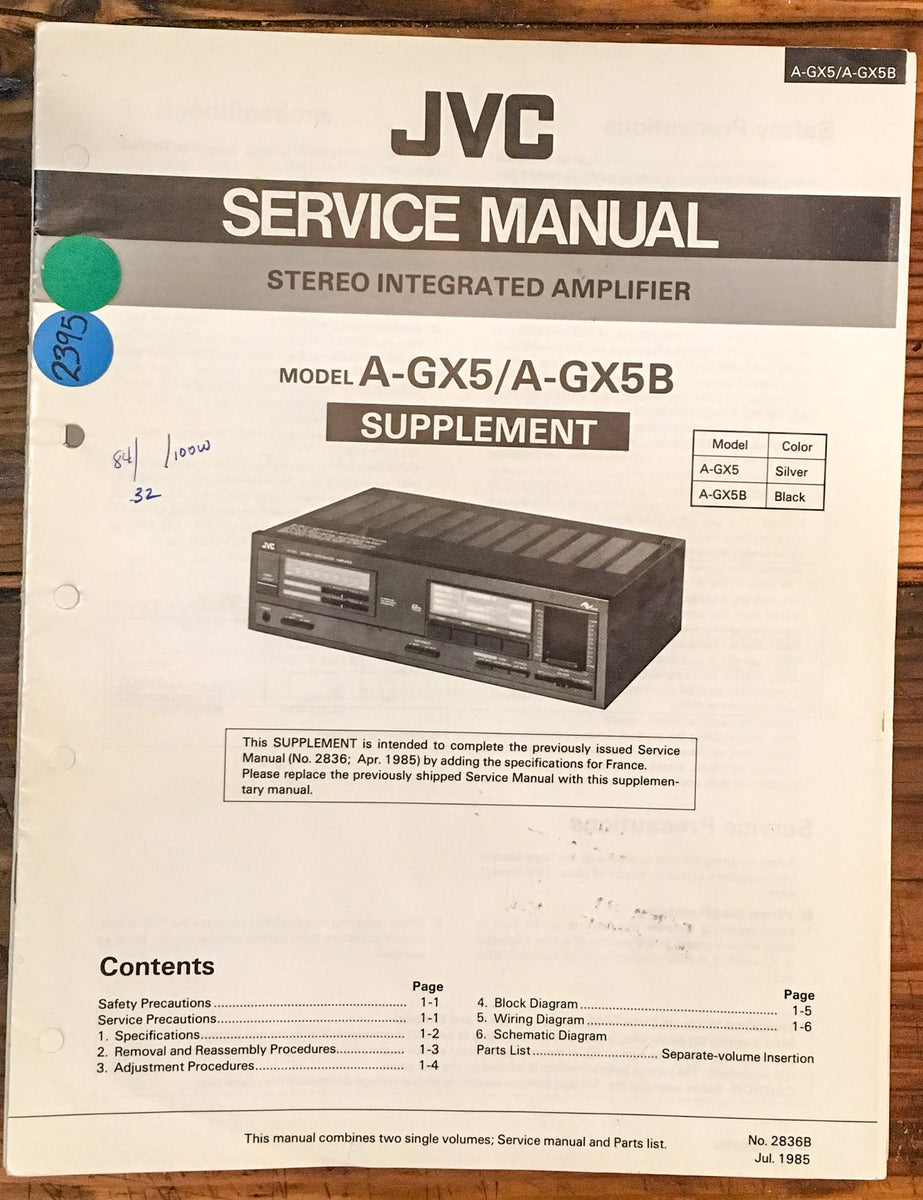JVC A-GX5 A-GX5B Amplifier Service Manual Supplement *Original ...