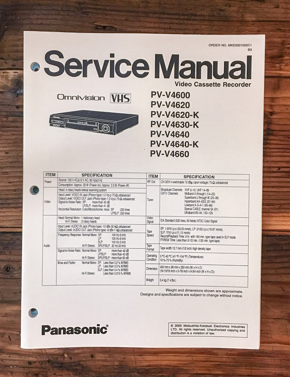 Panasonic PV-V4600 -V4620 -V4640 -V4660 VCR Service Manual *Original ...