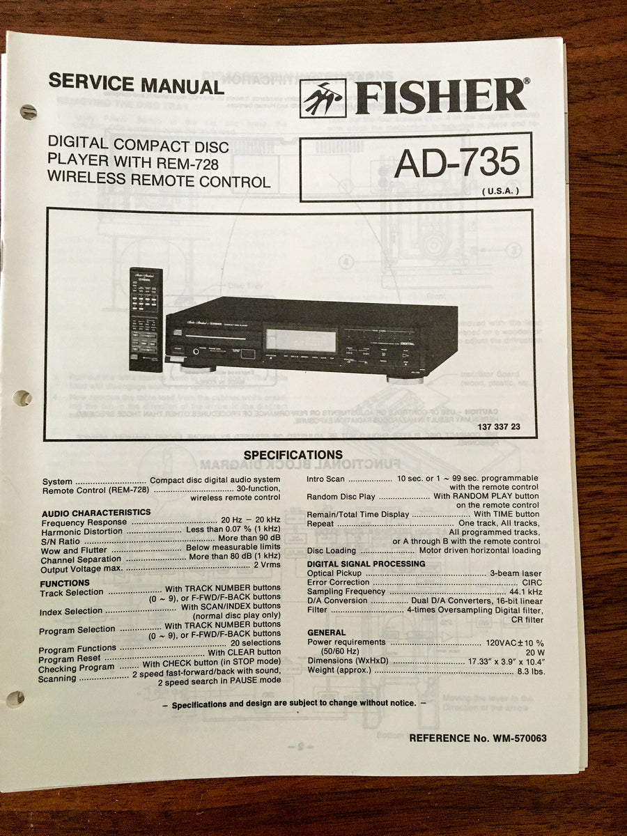 Fisher AD-735 CD Player Service Manual *Original* – Vintage Audio Store ...