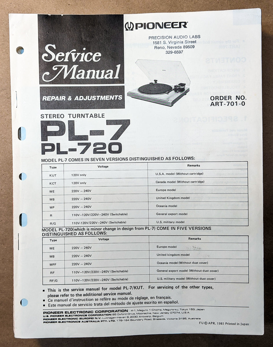 Pioneer PL-7 PL-720 Record Player / Turntable Service Manual *Original ...
