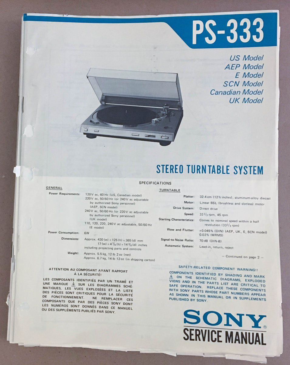 Sony PS-333 Turntable Record Player Service Manual *Original* – Vintage ...