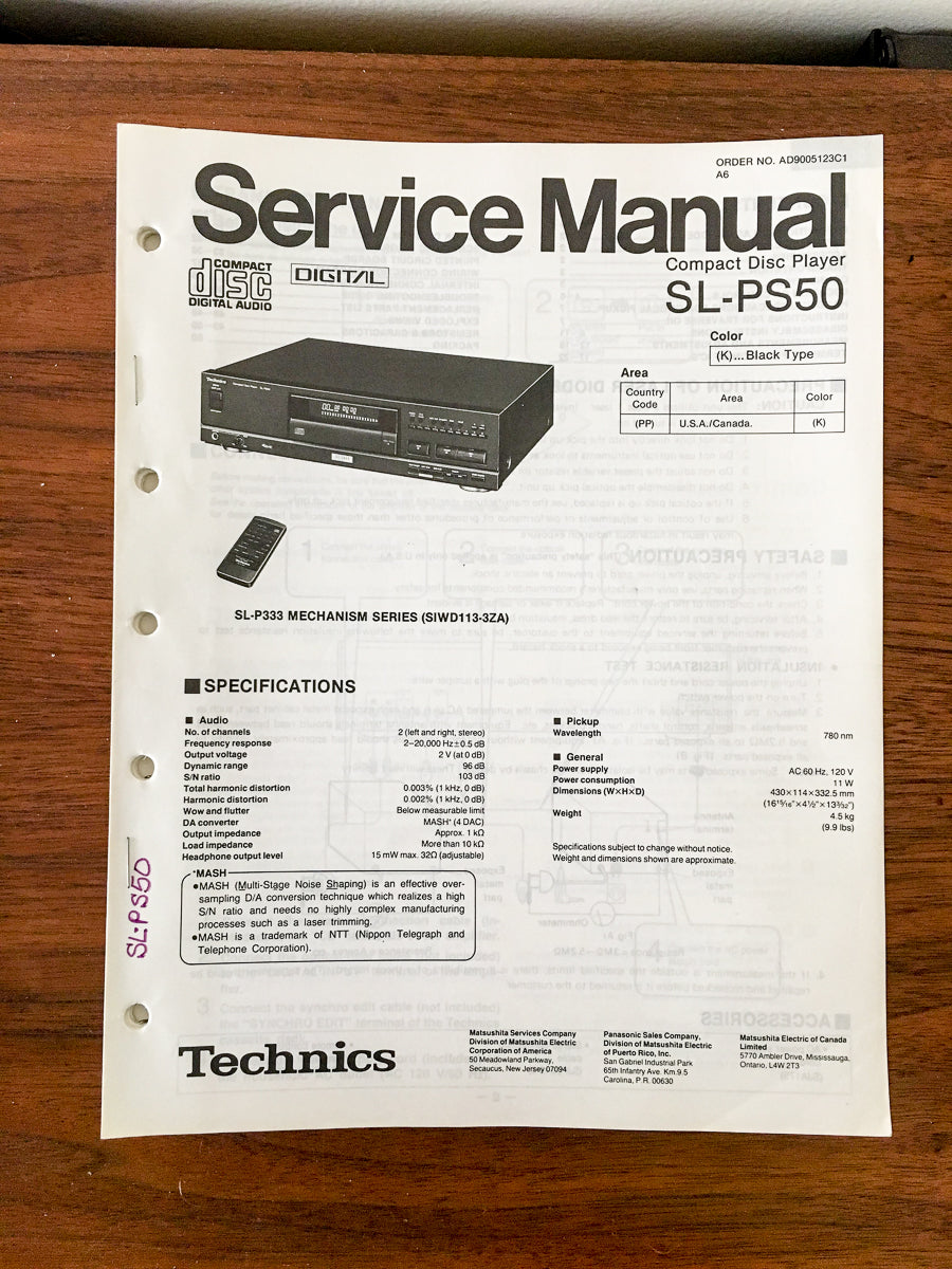 Panasonic SL-PS50 CD Player Service Manual *Original* – Vintage Audio ...