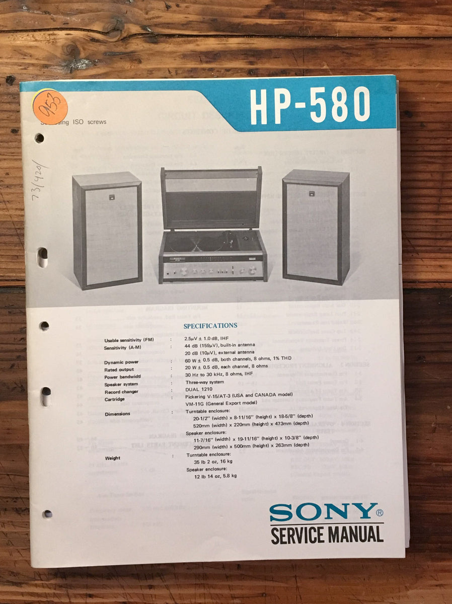 Sony HP-580 Stereo Service Manual *Original* – Vintage Audio Store ...