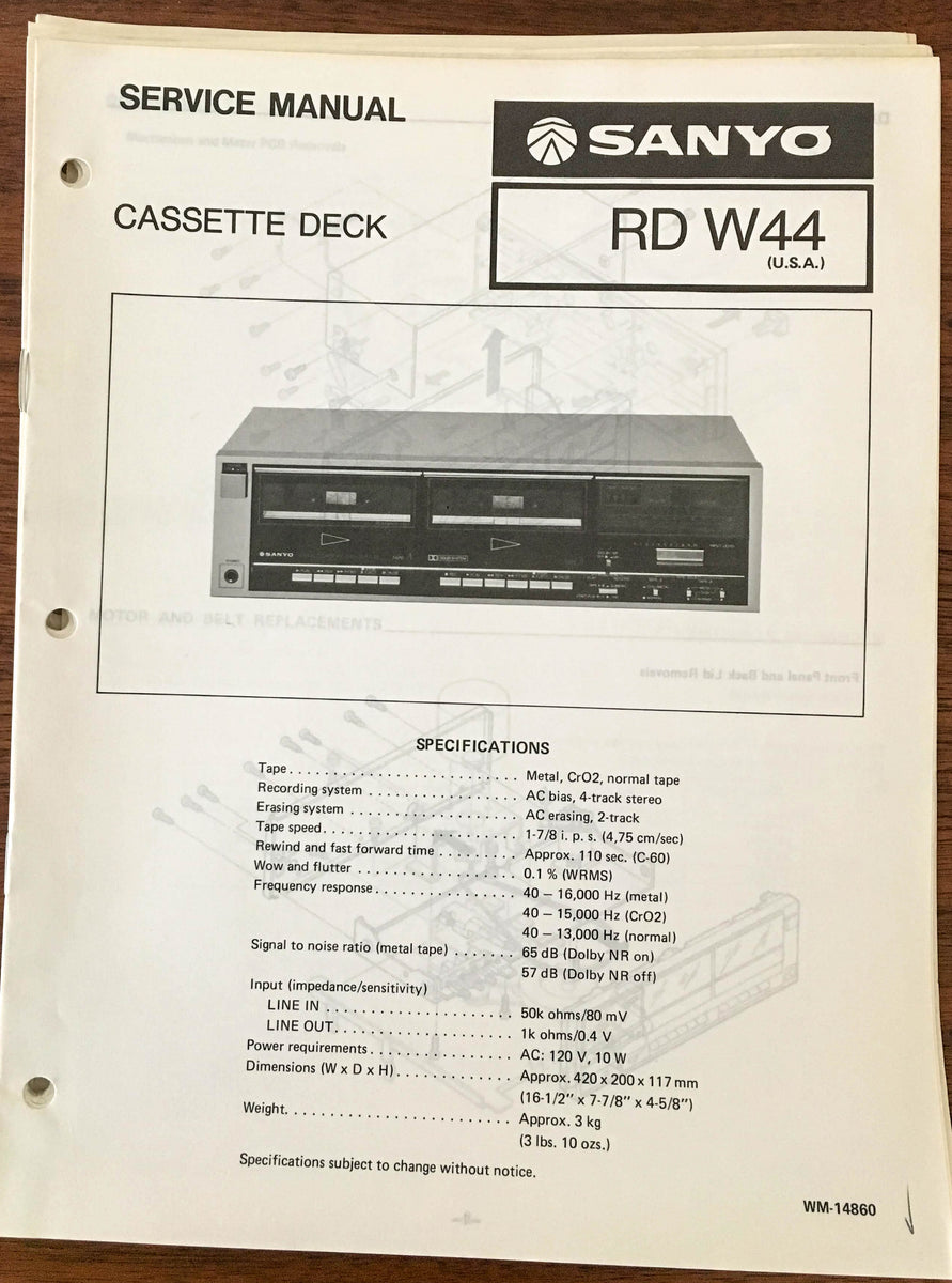 Sanyo RD W44 Cassette Deck Service Manual *Original* – Vintage Audio ...