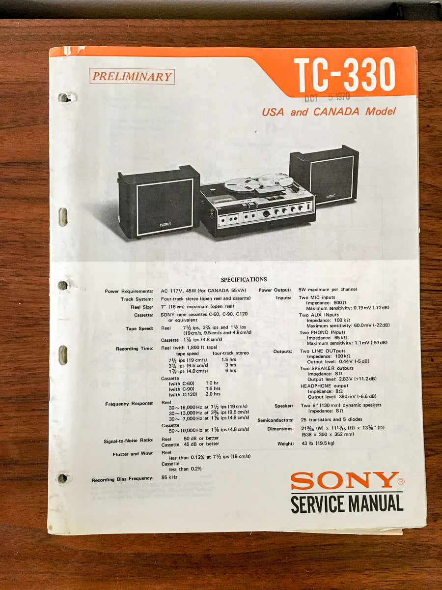 Sony TC-330 Reel to Reel Preliminary Service Manual *Original ...