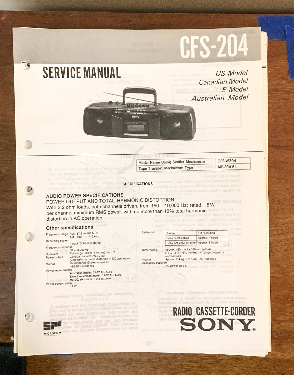 Sony CFS-204 Stereo Cassette Recorder Service Manual *Original ...