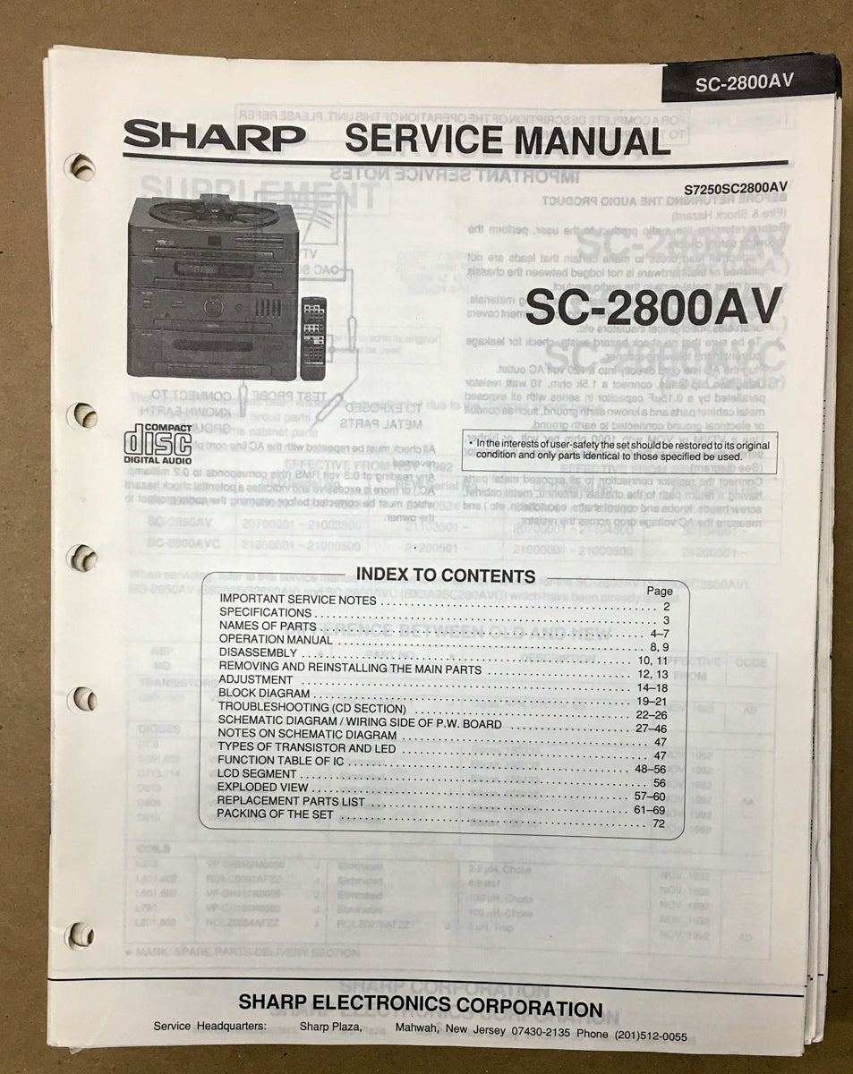 Sharp SC-2800 AV SC-28000AV Radio / Stereo Service Manual *Original ...
