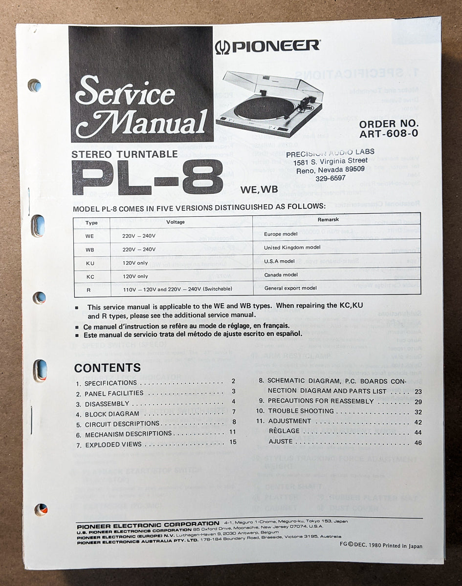 Pioneer PL-8 Record Player / Turntable Service Manual *Original ...