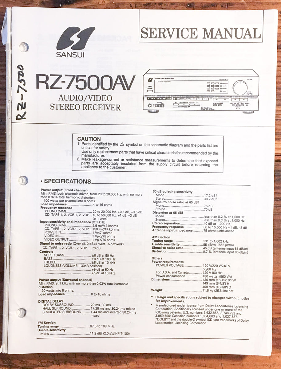 Sansui RZ-7500AV RZ-7500 AV Receiver Service Manual *Original ...