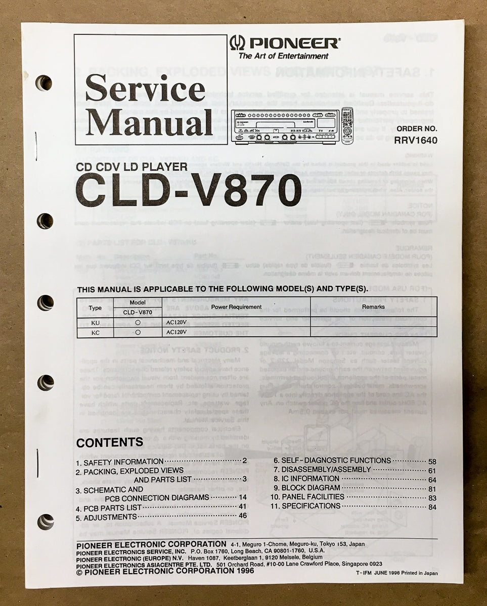 Pioneer Cld V870 Laserdisc Player Service Manual Original Vintage