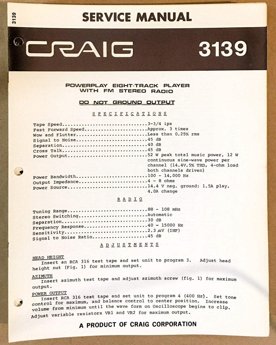 Craig Model 3139 8 Track Stereo Service Manual *Original* – Vintage ...