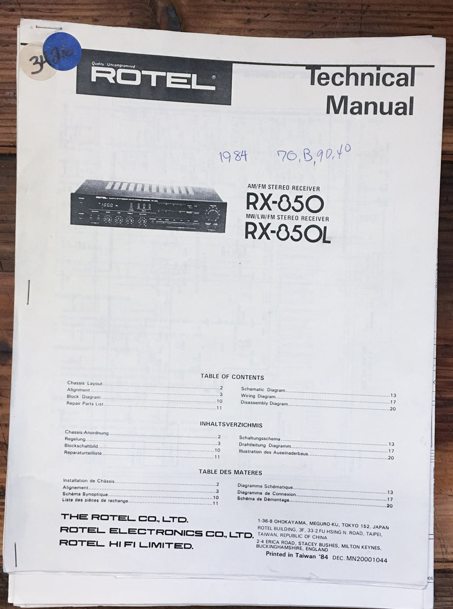 Rotel RX-850 RX-850L Receiver Service Manual *Original* – Vintage Audio ...
