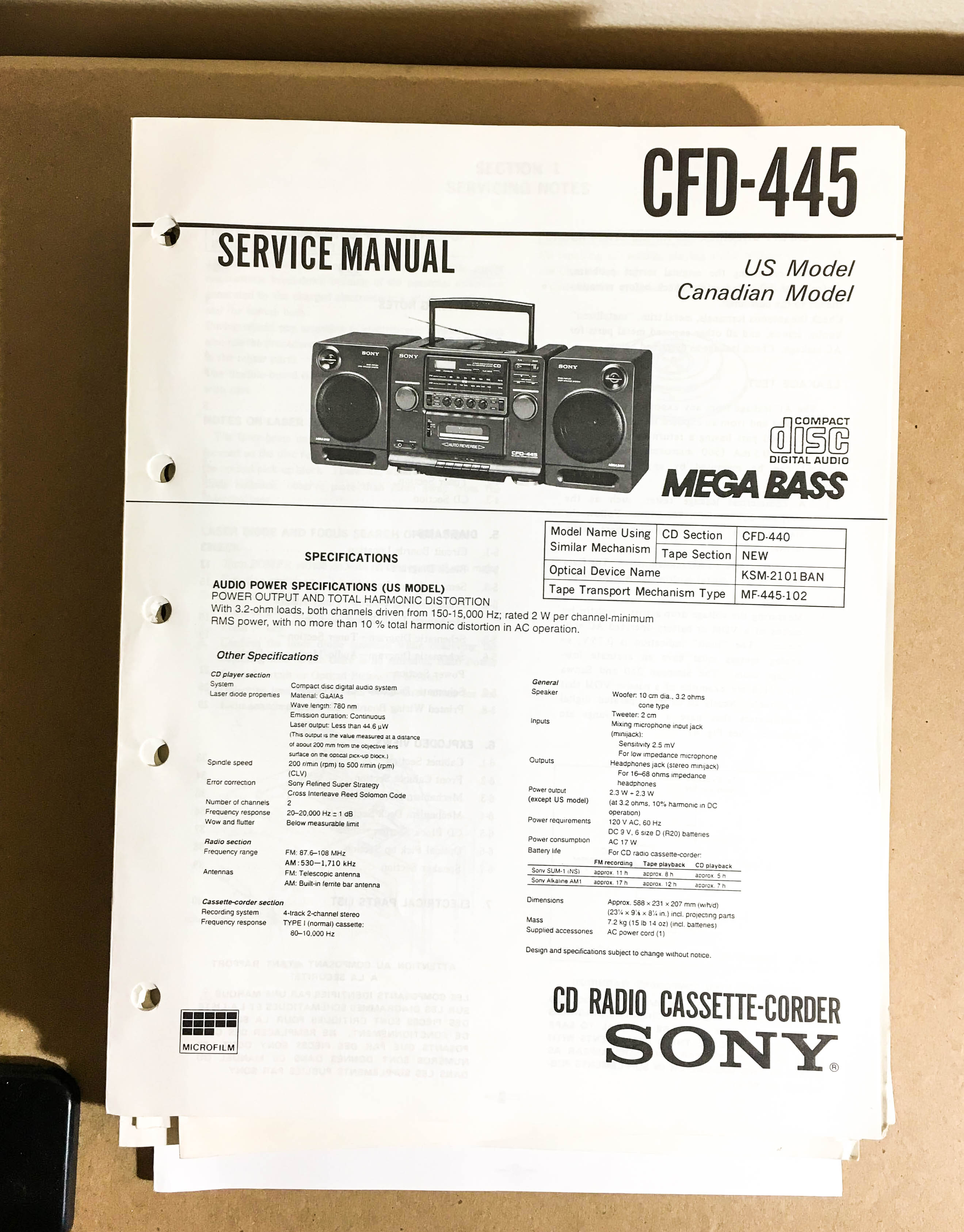 Sony CFD-445 CD Radio Boombox Service Manual *Original* – Vintage Audio ...