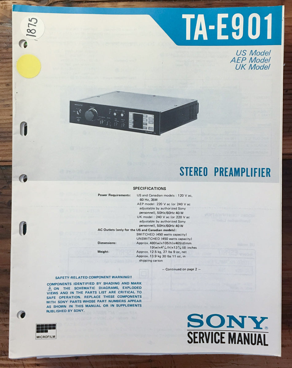 Sony TA-E901 Amplifier Service Manual *Original* – Vintage Audio Store ...